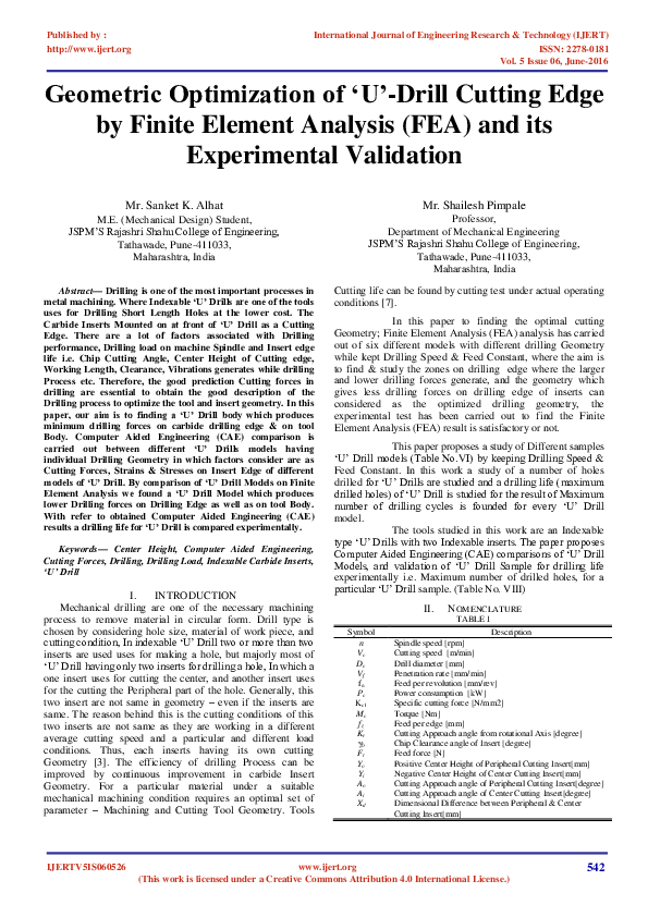 Pdf Geometric Optimization Of ‘u Drill Cutting Edge By Finite Element Analysis Fea And Its