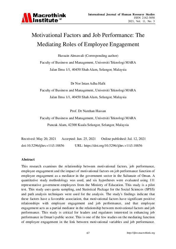 (PDF) Motivational Factors and Job Performance: The Mediating Roles of ...
