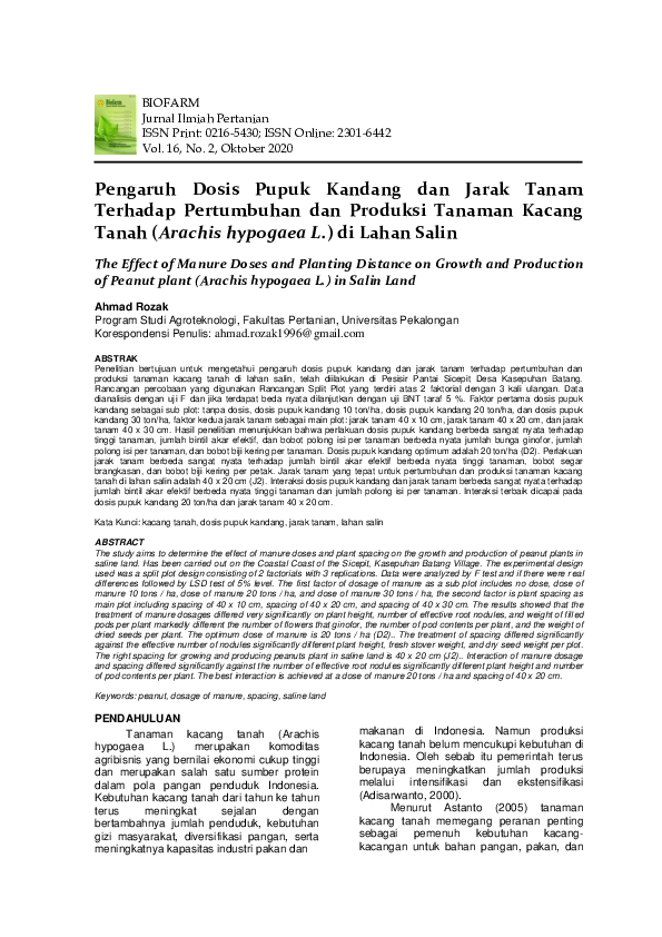 (PDF) Pengaruh Dosis Pupuk Kandang dan Jarak Tanam Terhadap Pertumbuhan dan Produksi Tanaman ...