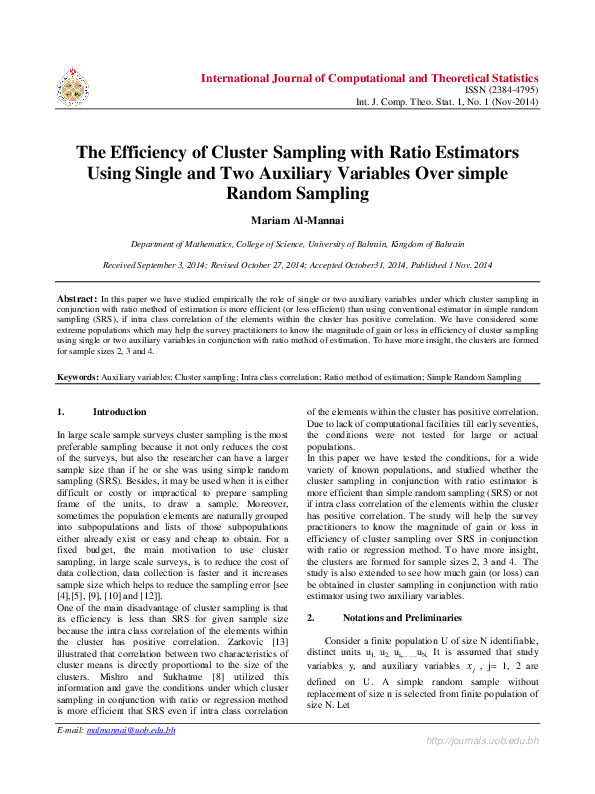 Pdf The Efficiency Of Cluster Sampling With Ratio Estimators Using