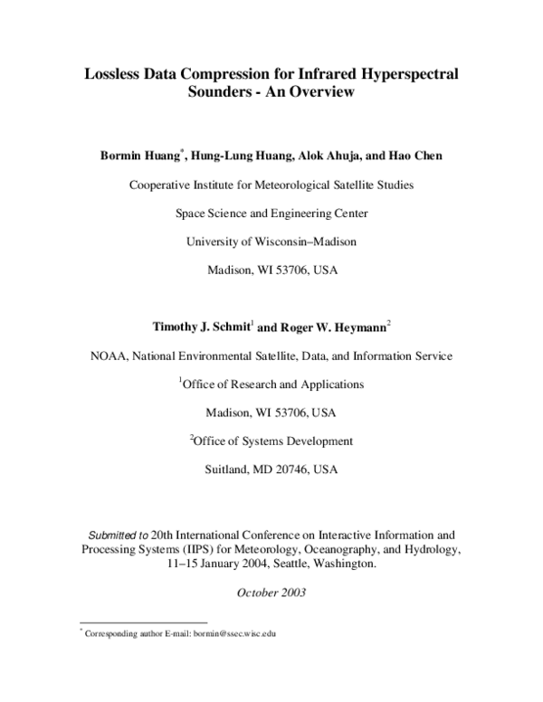 (PDF) Lossless Data Compression for Infrared Hyperspectral Sounders - An Overview