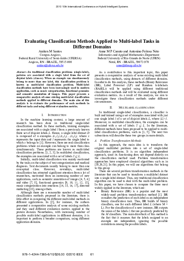 (PDF) Evaluating classification methods applied to multi-label tasks in different domains