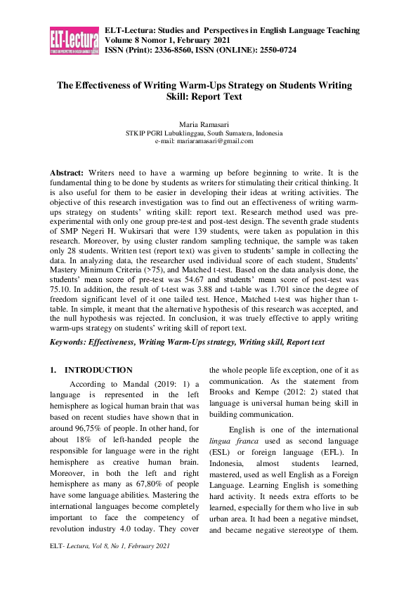(PDF) The Effectiveness of Writing Warm-Ups Strategy to Students ...