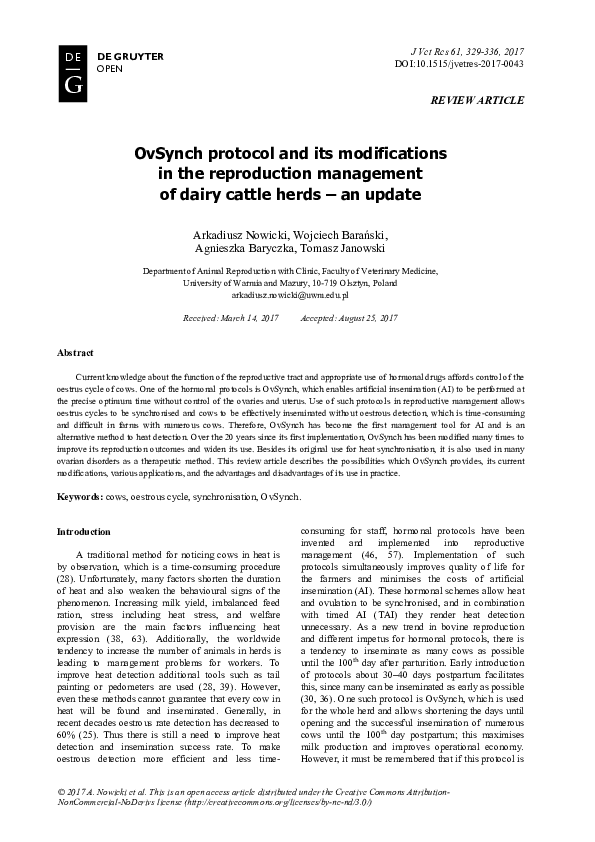 (PDF) OvSynch protocol and its modifications in the reproduction ...