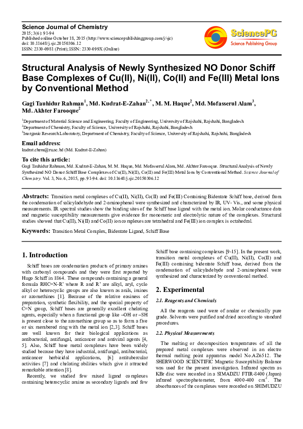 (PDF) Structural Analysis of Newly Synthesized NO Donor Schiff Base Complexes of Cu(II), Ni(II ...