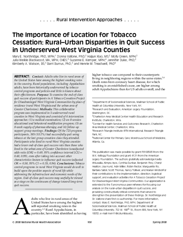 (PDF) The Importance of Location for Tobacco Cessation: Rural–Urban Disparities in Quit Success ...