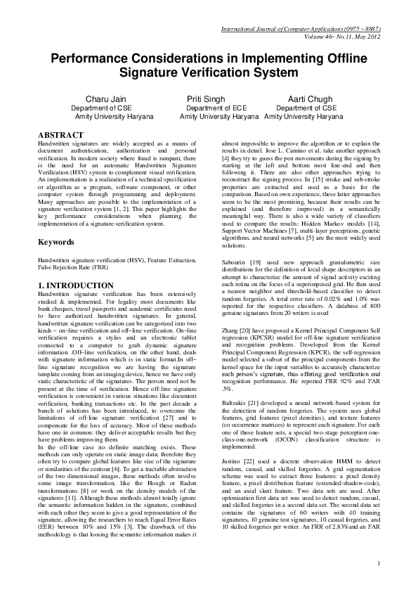 (PDF) Performance Considerations in Implementing Offline Signature Verification System
