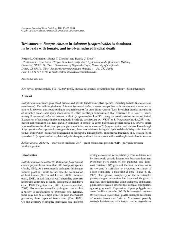 (PDF) Dominant Resistance to Botrytis in Tomato Hybrids