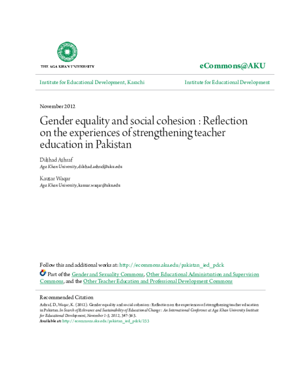 (PDF) Gender equality and social cohesion : Reflection on the ...