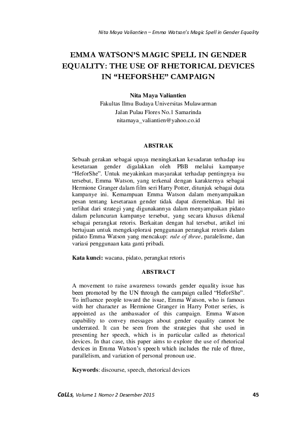 (PDF) Emma Watson’s Magic Spell in Gender Equality: The Use of ...