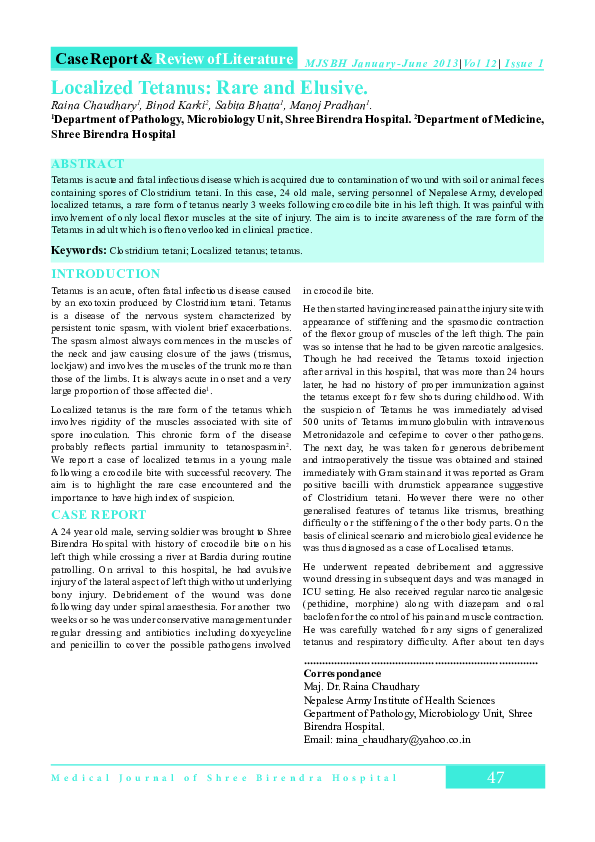 (PDF) Localized Tetanus: Rare and Elusive