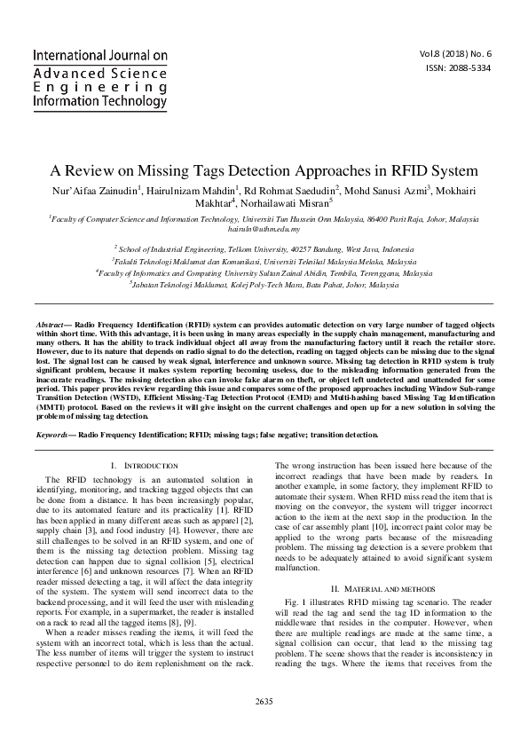 (PDF) A Review on Missing Tags Detection Approaches in RFID System