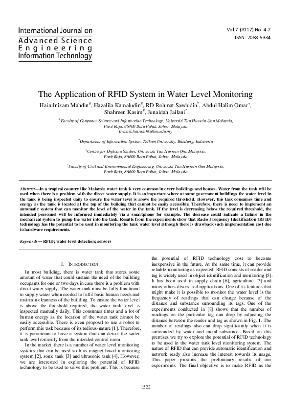 (PDF) The Application of RFID System in Water Level Monitoring