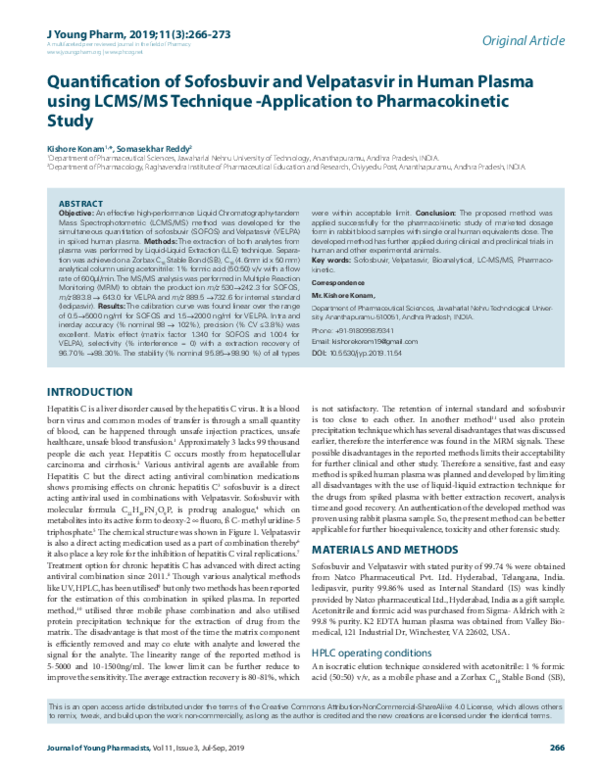 Pdf Quantification Of Sofosbuvir And Velpatasvir In Human Plasma Using Lcms Ms Technique