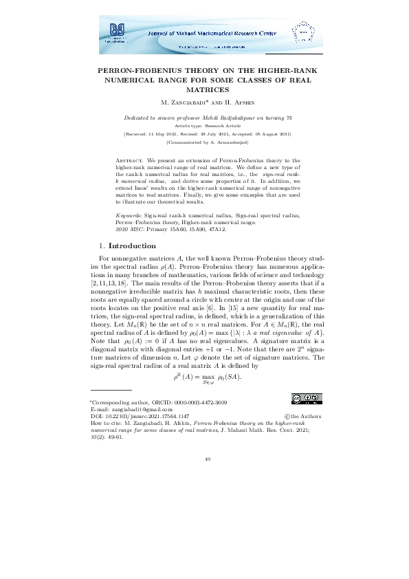 (PDF) PERRON-FROBENIUS THEORY ON THE HIGHER-RANK NUMERICAL RANGE FOR SOME CLASSES OF REAL MATRICES
