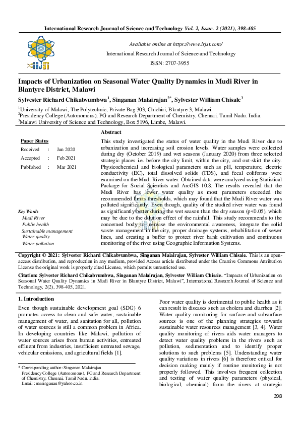 (PDF) Impacts of Urbanization on Seasonal Water Quality Dynamics in ...