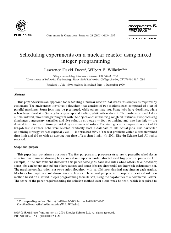 (PDF) Scheduling experiments on a nuclear reactor using mixed integer programming