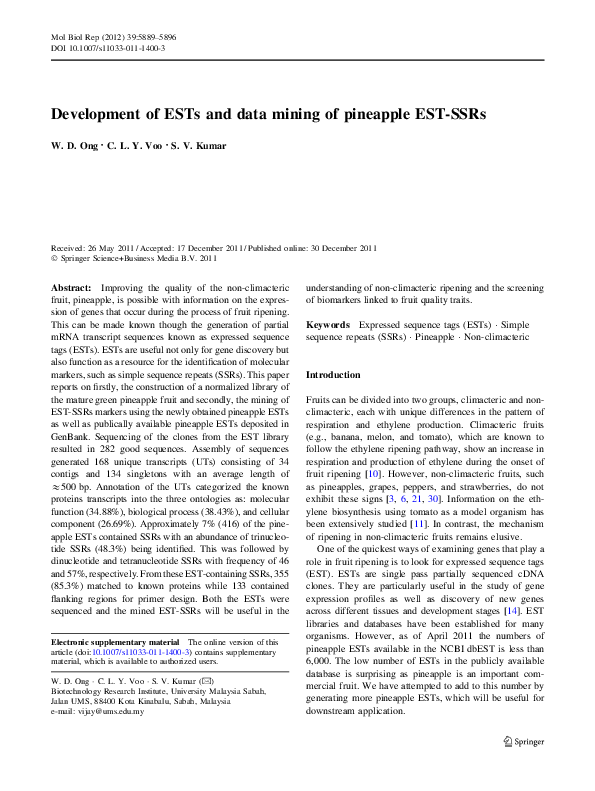 (PDF) Development of ESTs and data mining of pineapple EST-SSRs