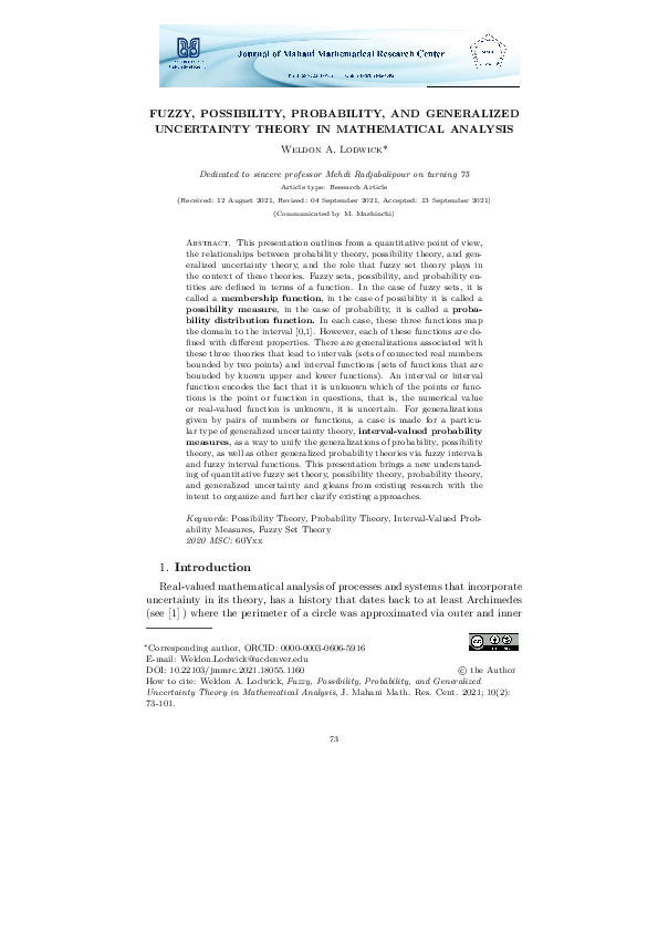 (PDF) FUZZY, POSSIBILITY, PROBABILITY, AND GENERALIZED UNCERTAINTY THEORY IN MATHEMATICAL ANALYSIS