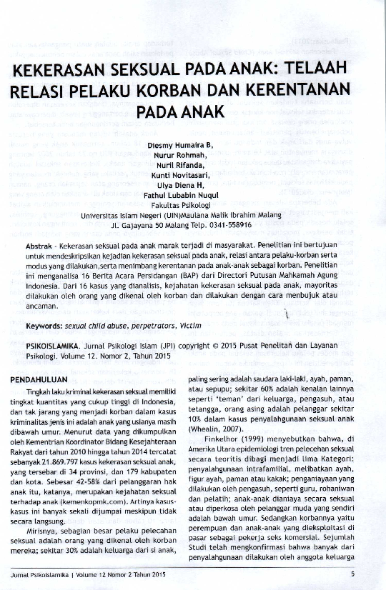 (PDF) Kekerasan Seksual Pada Anak: Telaah Relasi Pelaku Korban Dan Kerentanan Pada Anak