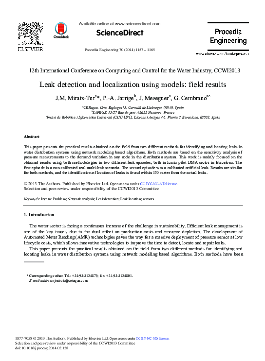 (PDF) Leak Detection and Localization Using Models: Field Results