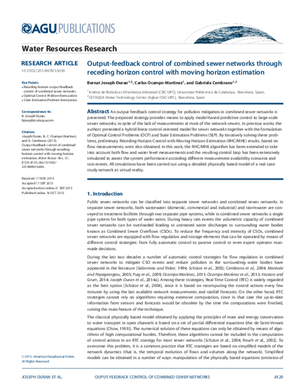 (PDF) Output-feedback control of combined sewer networks through receding horizon control with ...