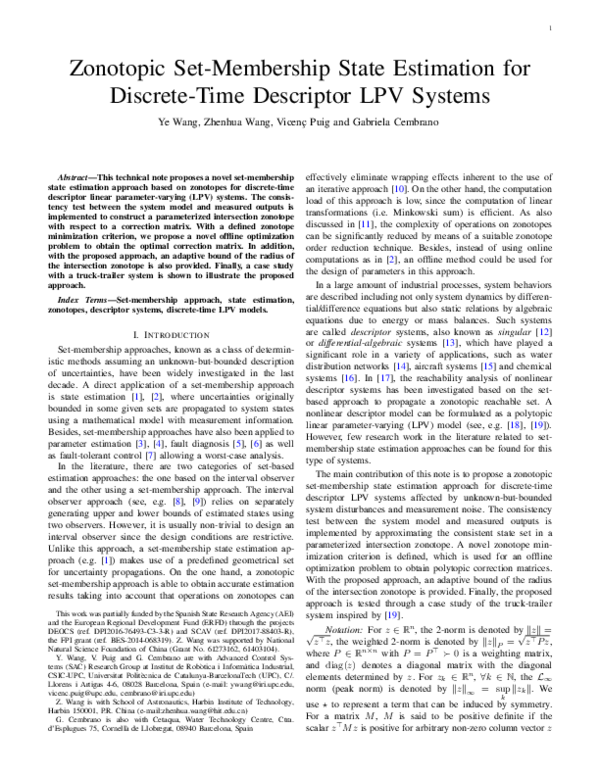 (PDF) Zonotopic Set-Membership State Estimation for Discrete-Time Descriptor LPV Systems