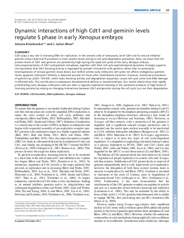 (PDF) Dynamic interactions of high Cdt1 and geminin levels regulate S ...