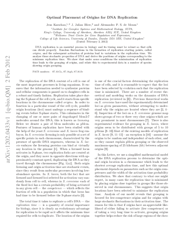 (PDF) Optimal Placement of Origins for DNA Replication
