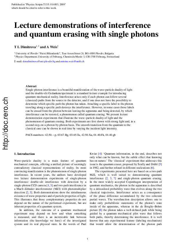 (PDF) Lecture demonstrations of interference and quantum erasing with single photons