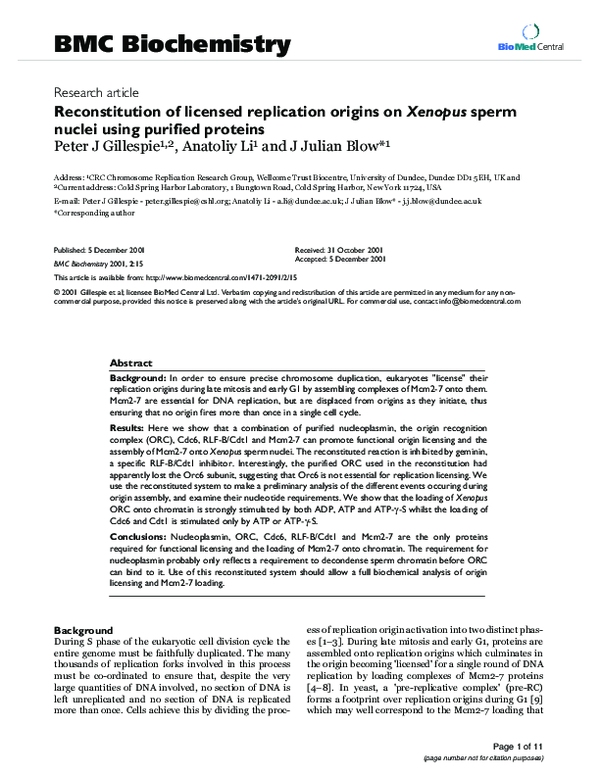 (PDF) Reconstitution of licensed replication origins on Xenopus sperm ...