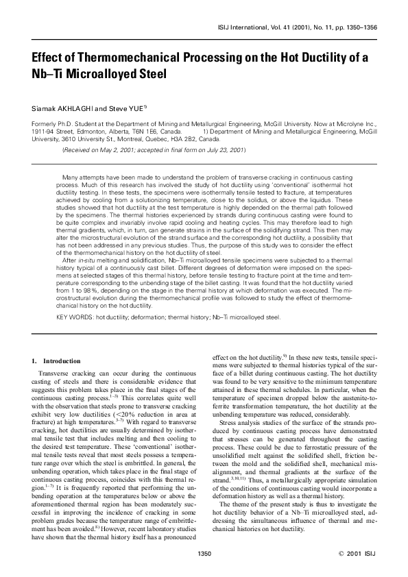 (PDF) Effect of Thermomechanical Processing on the Hot Ductility of a ...