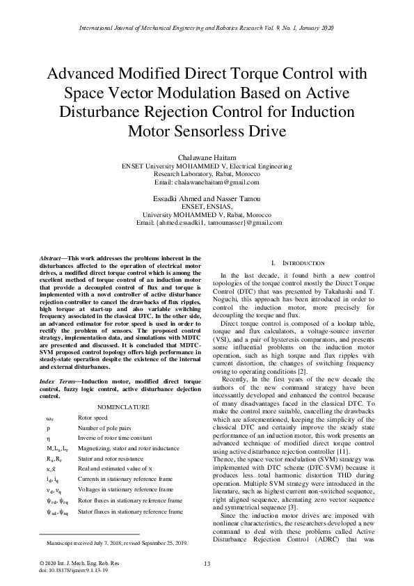 Pdf Advanced Modified Direct Torque Control With Space Vector