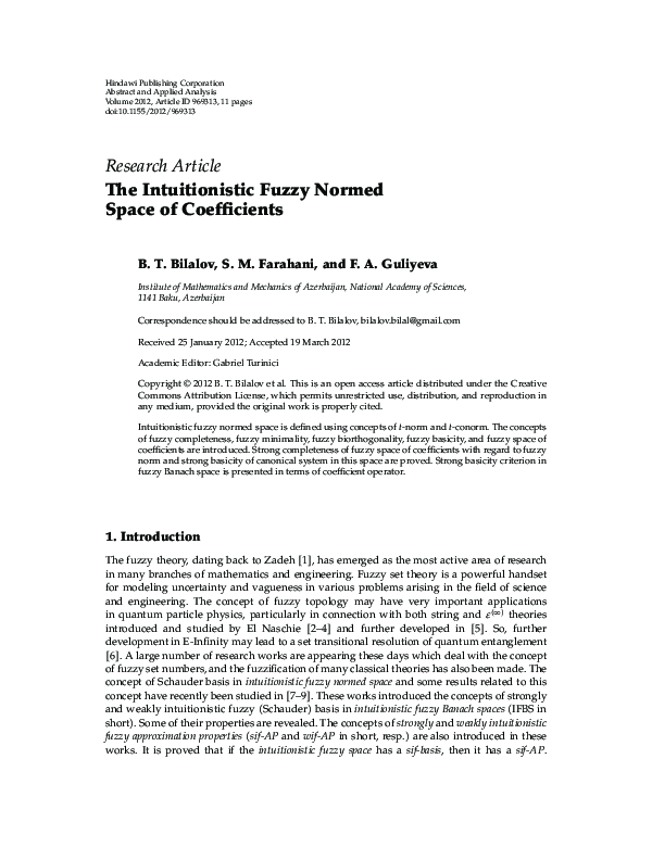 (PDF) The Intuitionistic Fuzzy Normed Space of Coefficients