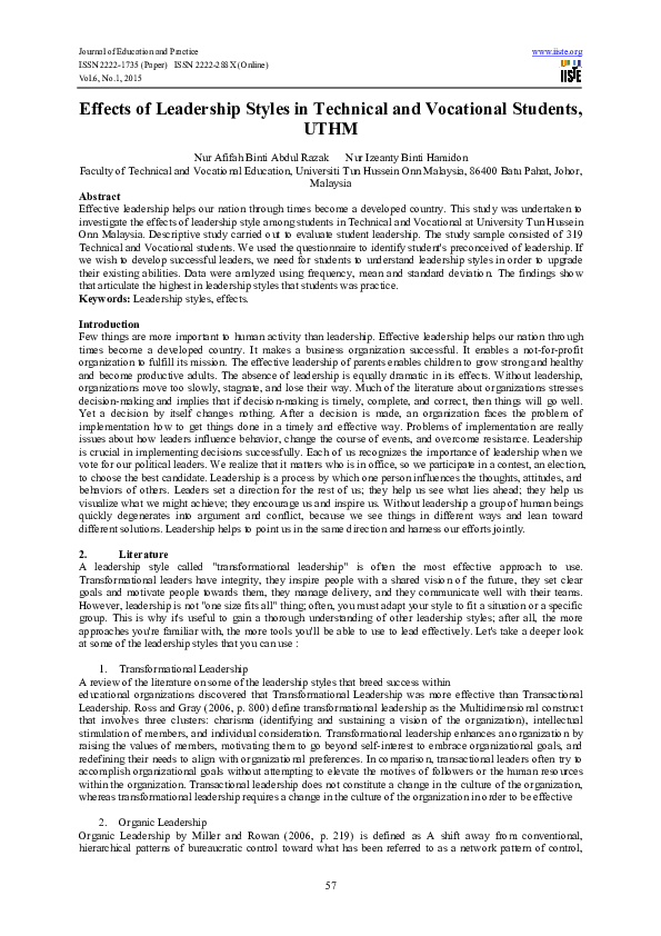 (PDF) Effects of Leadership Styles in Technical and Vocational Students ...