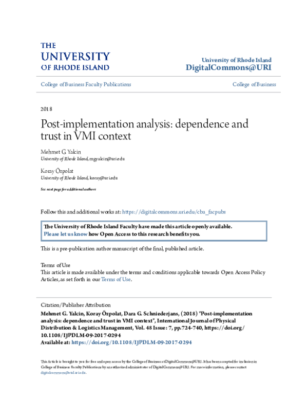 (PDF) Post-implementation analysis: dependence and trust in VMI context
