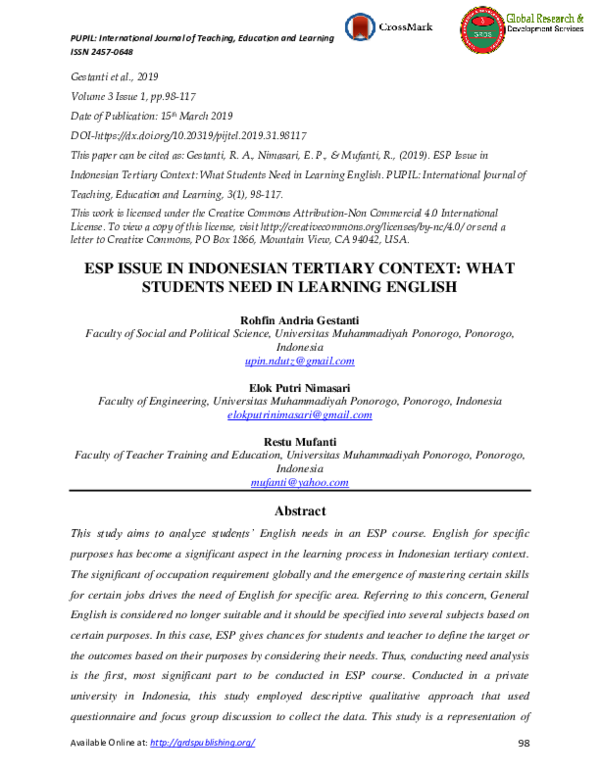 (PDF) Esp Issue in Indonesian Tertiary Context: What Students Need in Learning English