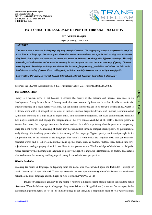(PDF) EXPLORING THE LANGUAGE OF POETRY THROUGH DEVIATION