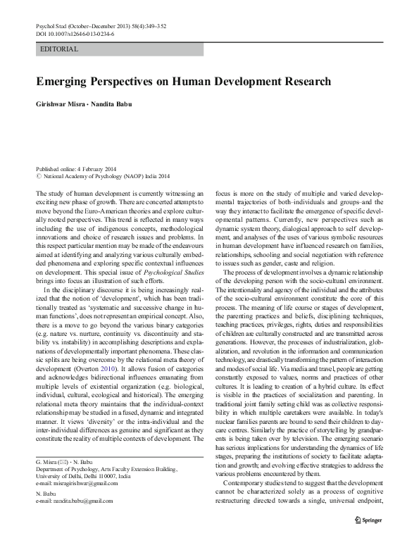 (PDF) Emerging Perspectives on Human Development Research