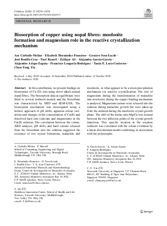 (PDF) Biosorption of copper using nopal fibres: moolooite formation and ...