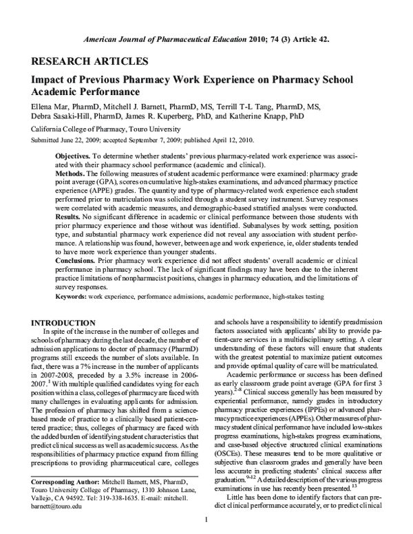 (PDF) Impact of Previous Pharmacy Work Experience on Pharmacy School Academic Performance