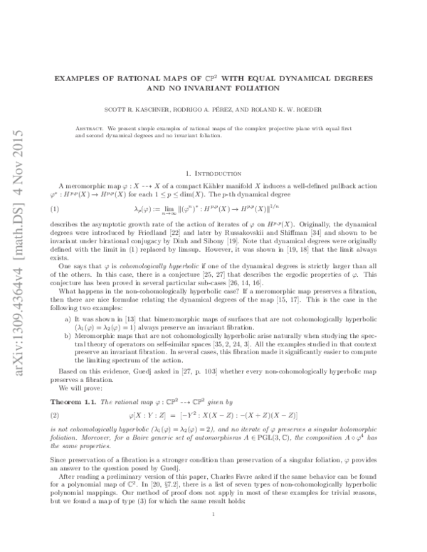 (PDF) Rational Map of CP^2 with Equal Dynamical Degrees and No Invariant Foliation