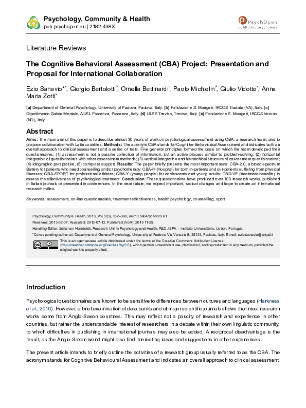 (PDF) The Cognitive Behavioral Assessment (CBA) Project: Presentation ...