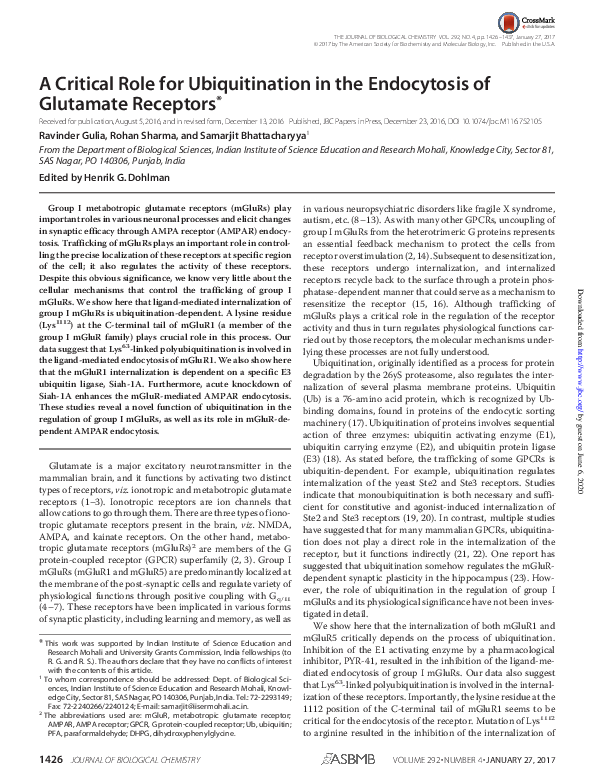 (PDF) A critical role for ubiquitination in the endocytosis of Glutamate receptors | Ravinder ...