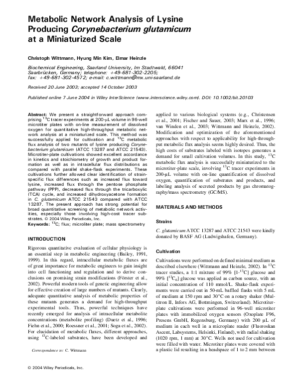 Pdf Metabolic Network Analysis Of Lysine Producingcorynebacterium Glutamicum At A Miniaturized