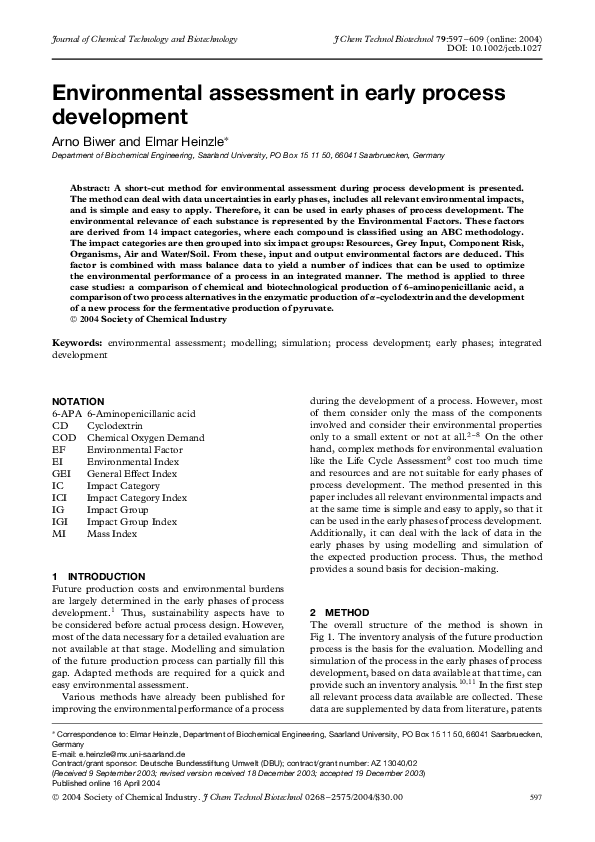 (PDF) Environmental assessment in early process development