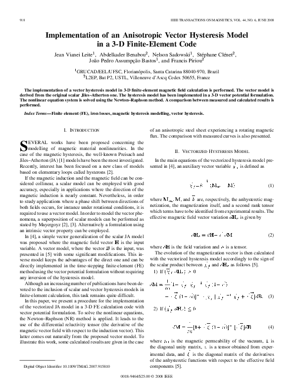 Pdf Implementation Of An Anisotropic Vector Hysteresis Model In A 3 D