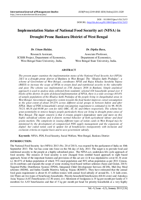 (PDF) Implementation Status of National Food Security act (NFSA) in ...