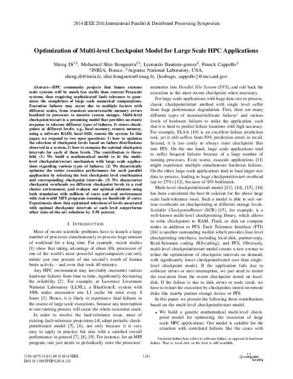 Pdf Optimization Of Multi Level Checkpoint Model For Large Scale Hpc Applications
