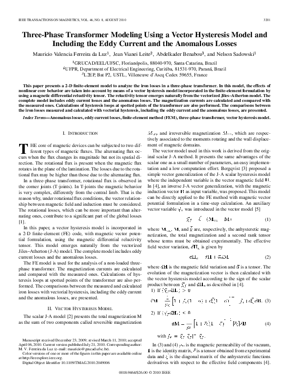 (PDF) Three-Phase Transformer Modeling Using a Vector Hysteresis Model and Including the Eddy ...